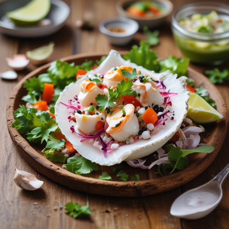 Ceviche de Pescado con Falso Caviar de Coco y Aceite Verde en Concha de ...