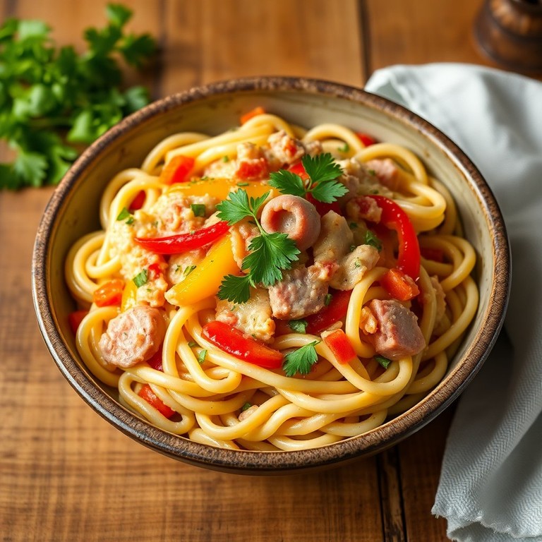 Cremige Nudel-Paprika-Pfanne mit Schinken - Mr. Cook