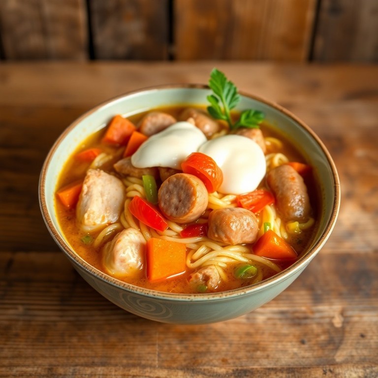 Sopa de Fideos de Arroz y Salchichas con Pollo y Queso Derretido - Mr. Cook