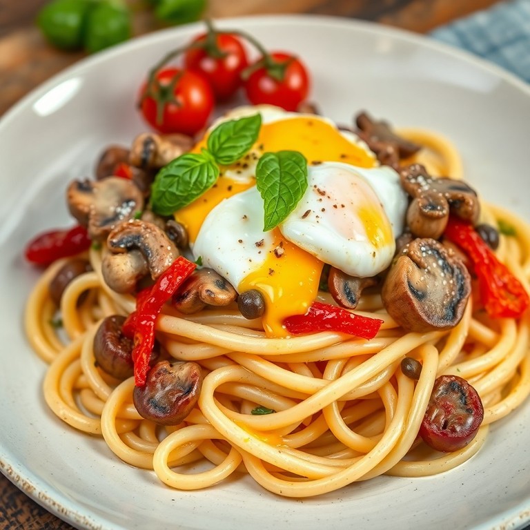 Pasta Cremosa con Champiñones, Huevos Revueltos y Tomates Cherry ...