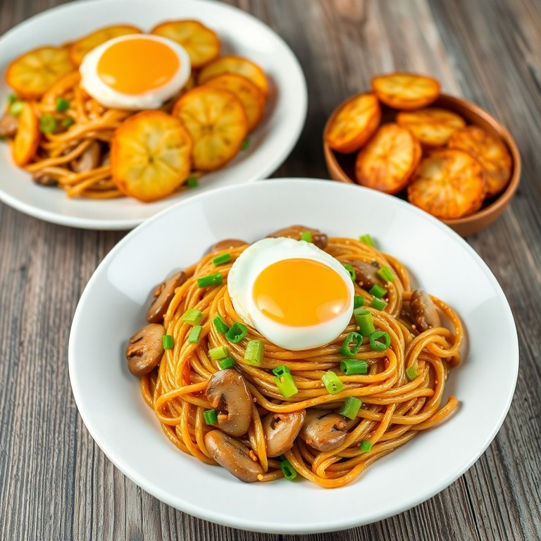 Nouilles sautées à la mode asiatique avec œufs pochés et pommes de ...