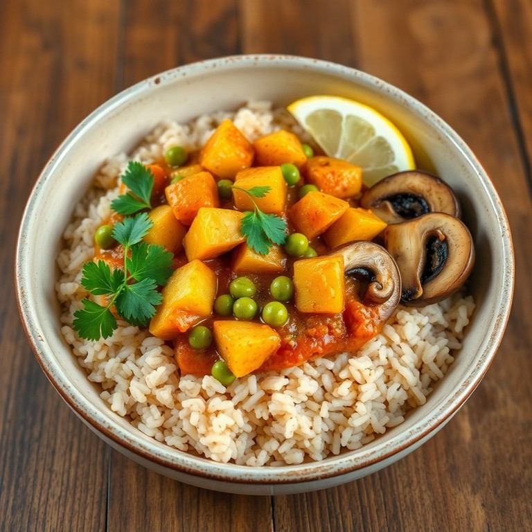 Vegetarian Spiced Brown Rice Bowl with Aloo Matar and Sautéed Mushrooms ...