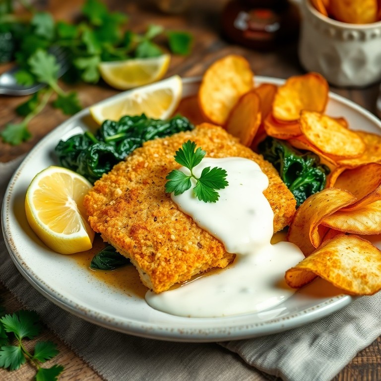 Knuspriger Backfisch mit Spinat, Kartoffelchips und cremiger Protein ...