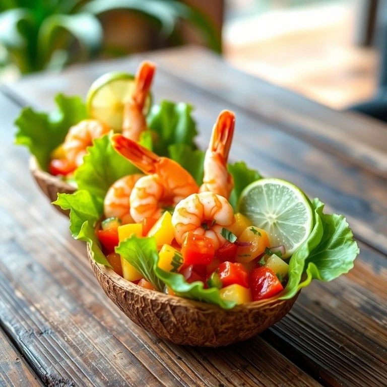 Ceviche de camarón tropical en copa de coco - Mr. Cook
