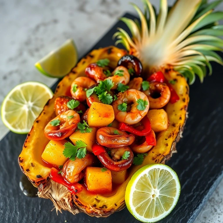 Piña Rellena Asada con Mariscos en Adobo de Chiles - Mr. Cook
